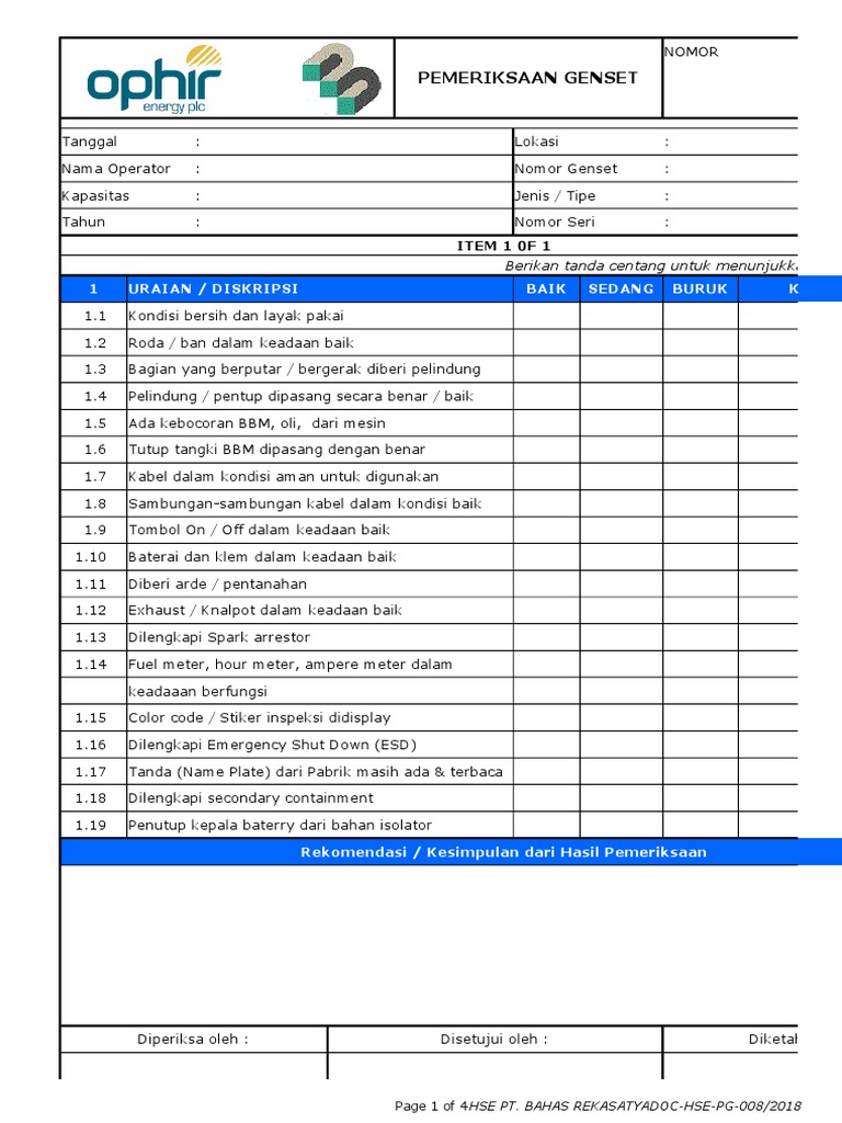 Form Inspeksi Pemeriksaan Genset | PDF