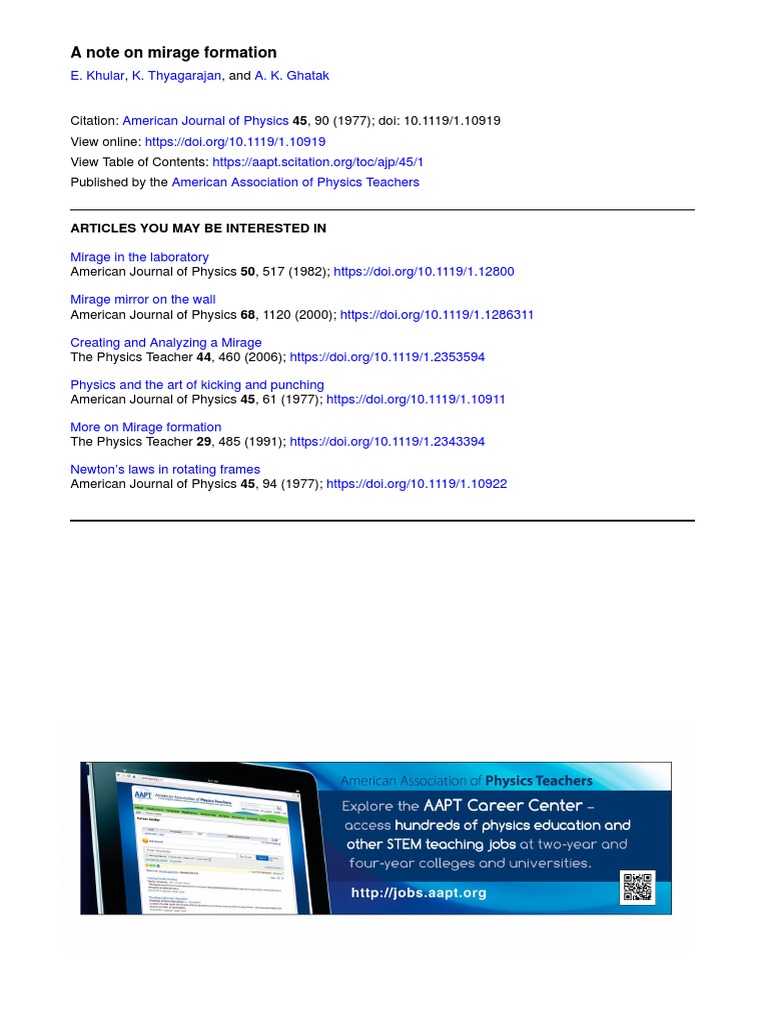 A Note On Mirage Formation: Articles You May Be Interested in | PDF