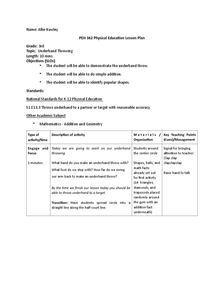 Peh 362 Pe Lesson Plan | PDF | Behavior Modification | Cognition