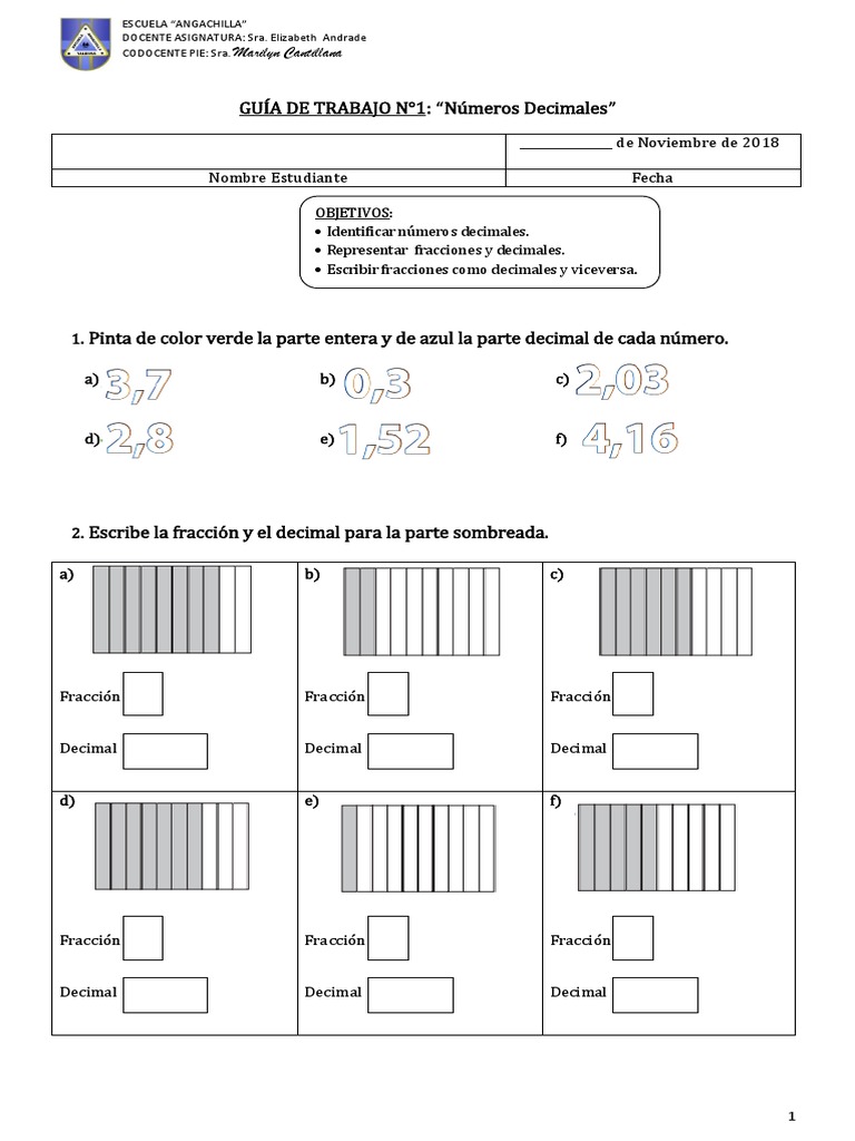 Guia 1 Numeros Decimales 4 Basico | PDF | Fracción (Matemáticas ...