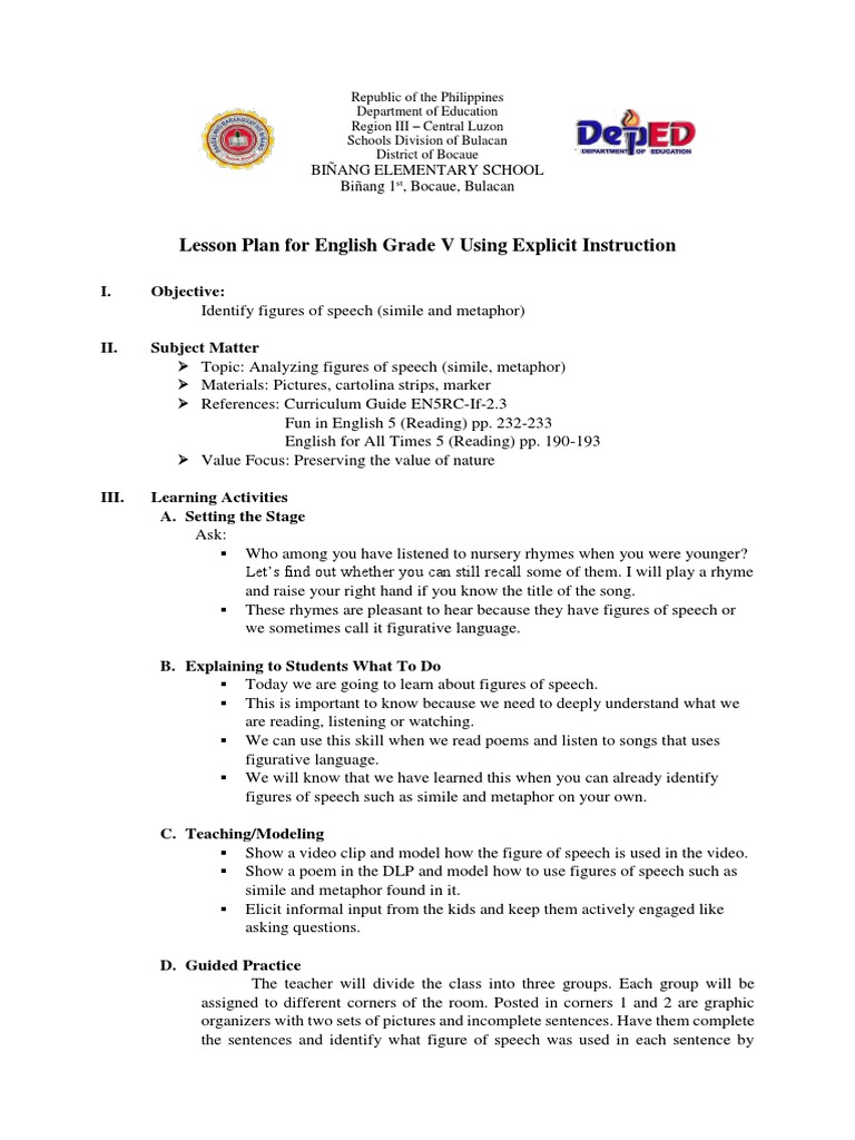 Lesson Plan For English Grade V Using Explicit Instruction: I ...
