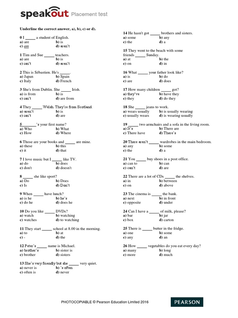 Placement Test Editable - Starter To Pre-Intermediate | PDF