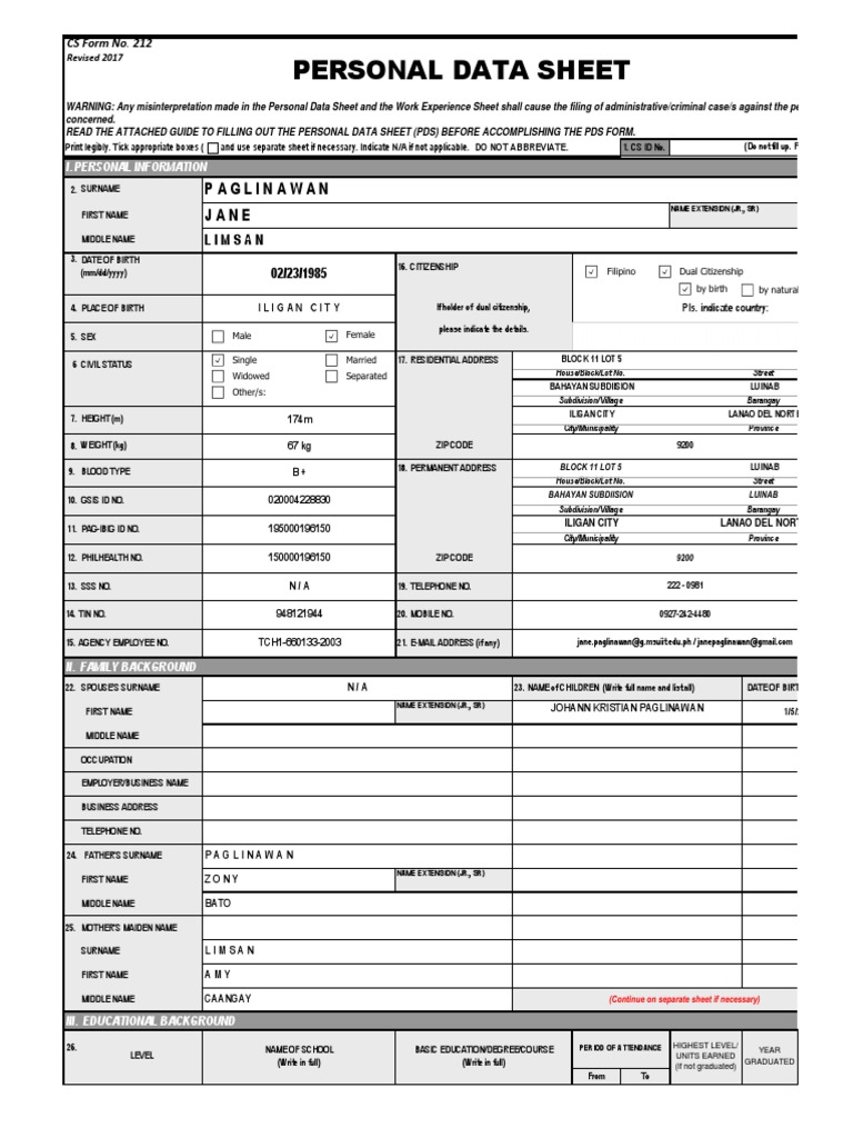 PAGLINAWAN - Personal Data Sheet | PDF