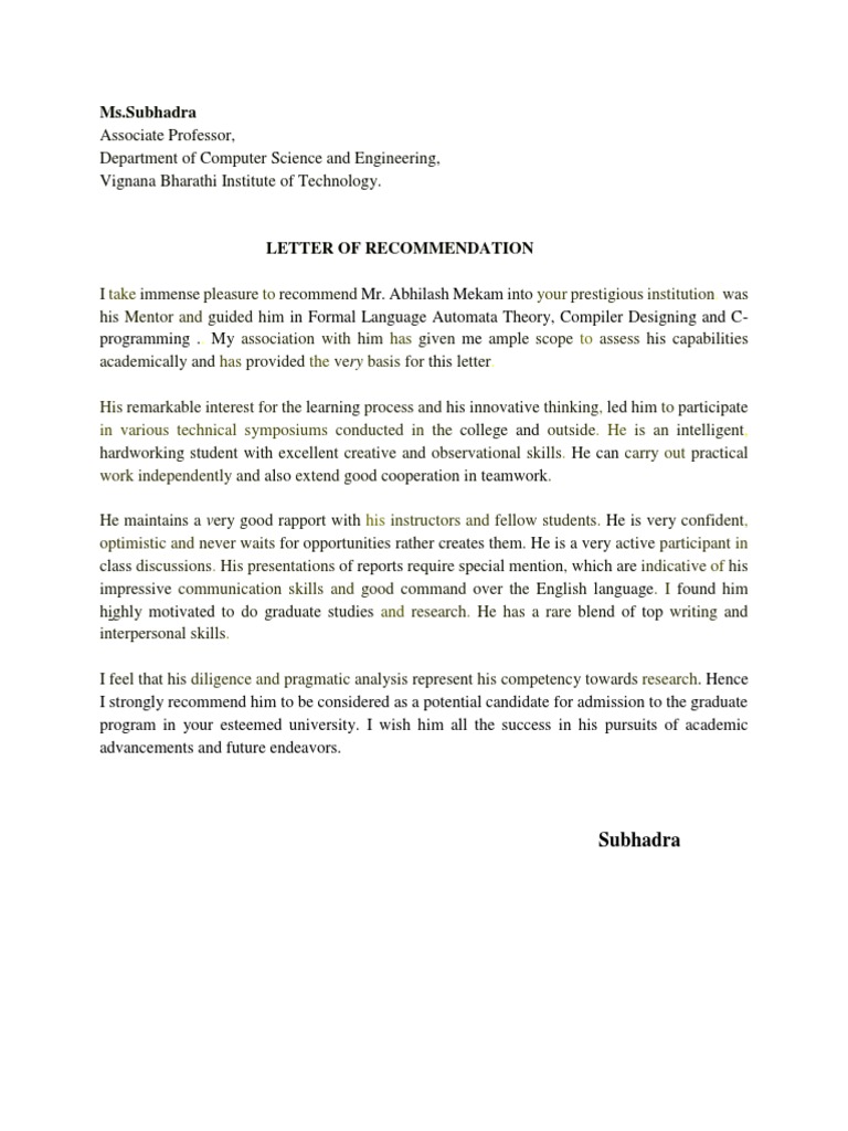Recommendation for Abhilash Mekam's Admission | PDF