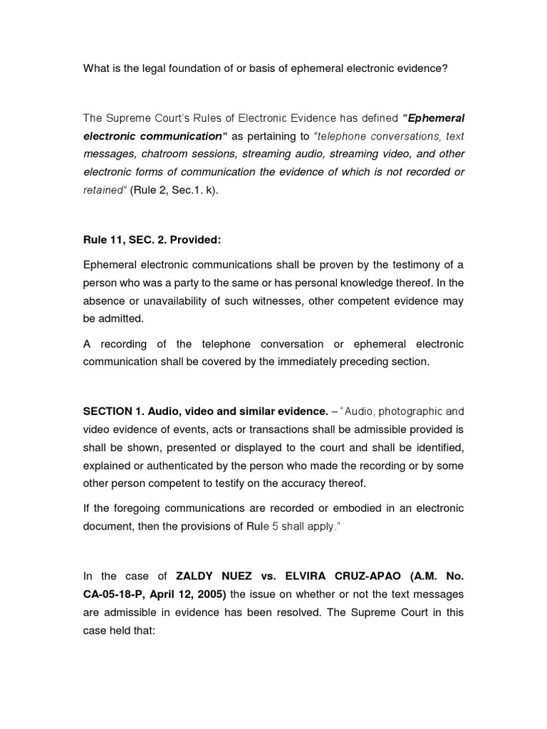 The Legal Foundation for Ephemeral Electronic Evidence: Testimony and ...