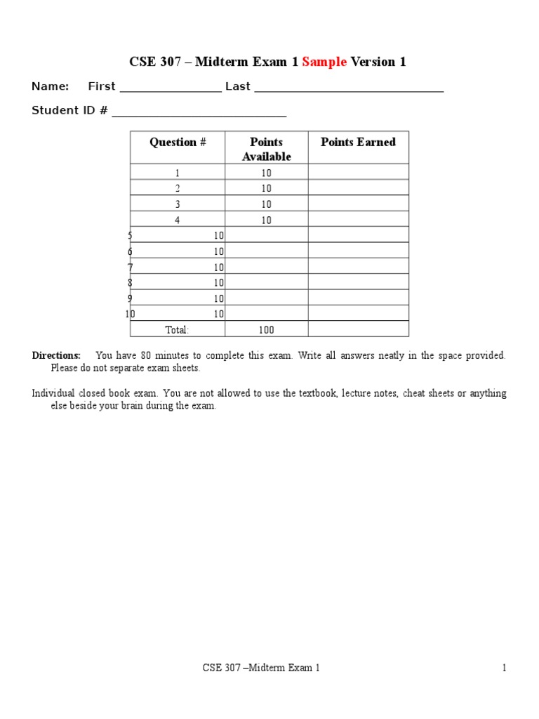 CSE307 Midterm 1 Sample | PDF | Decimal | Notation