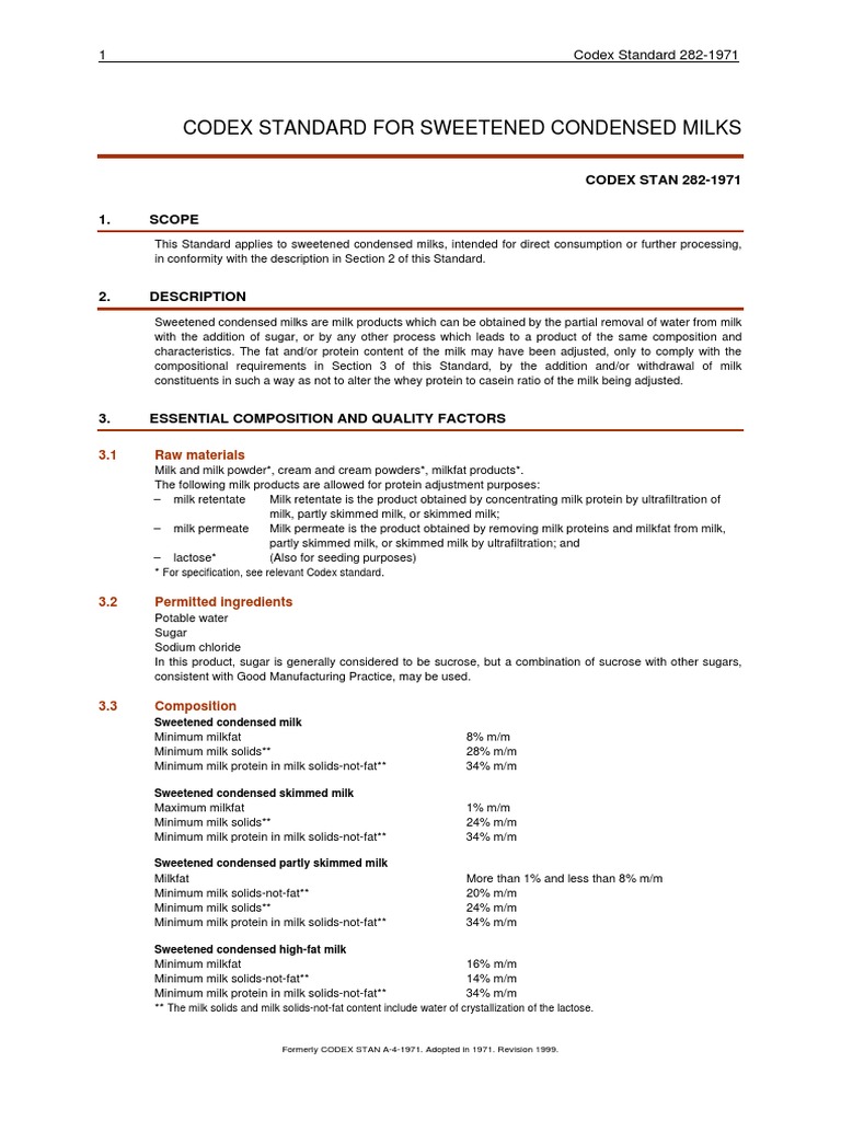 Codex Standard For Sweetened Condensed Milks | PDF | Milk | Food And Drink