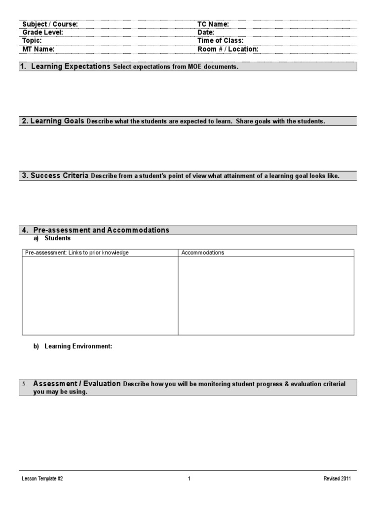 Learning Expectations: Subject / Course: TC Name: Grade Level: Date ...