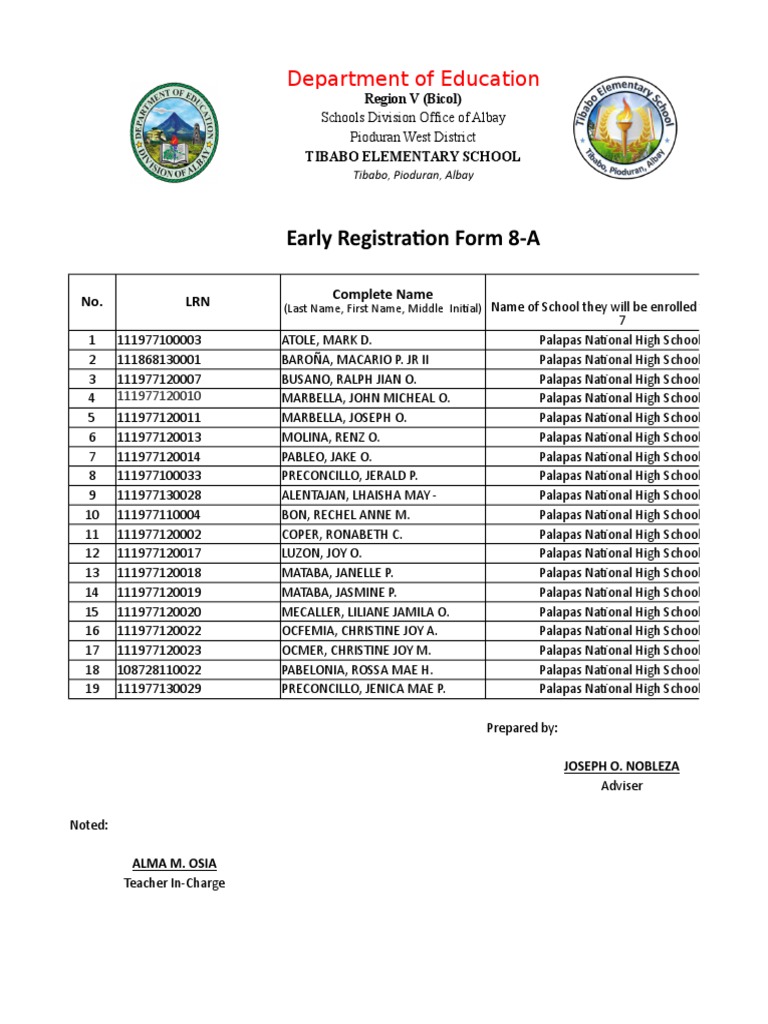Early Registration Form 8-A: Department of Education | PDF
