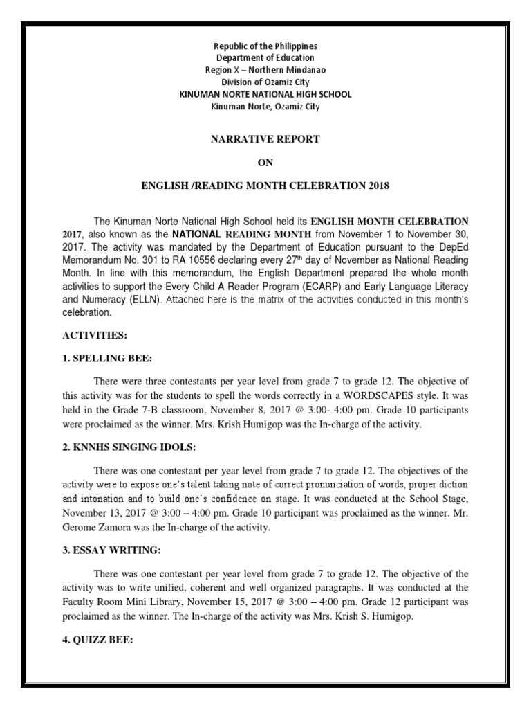 Narrative Report English Month2018 | PDF | Learning | Linguistics