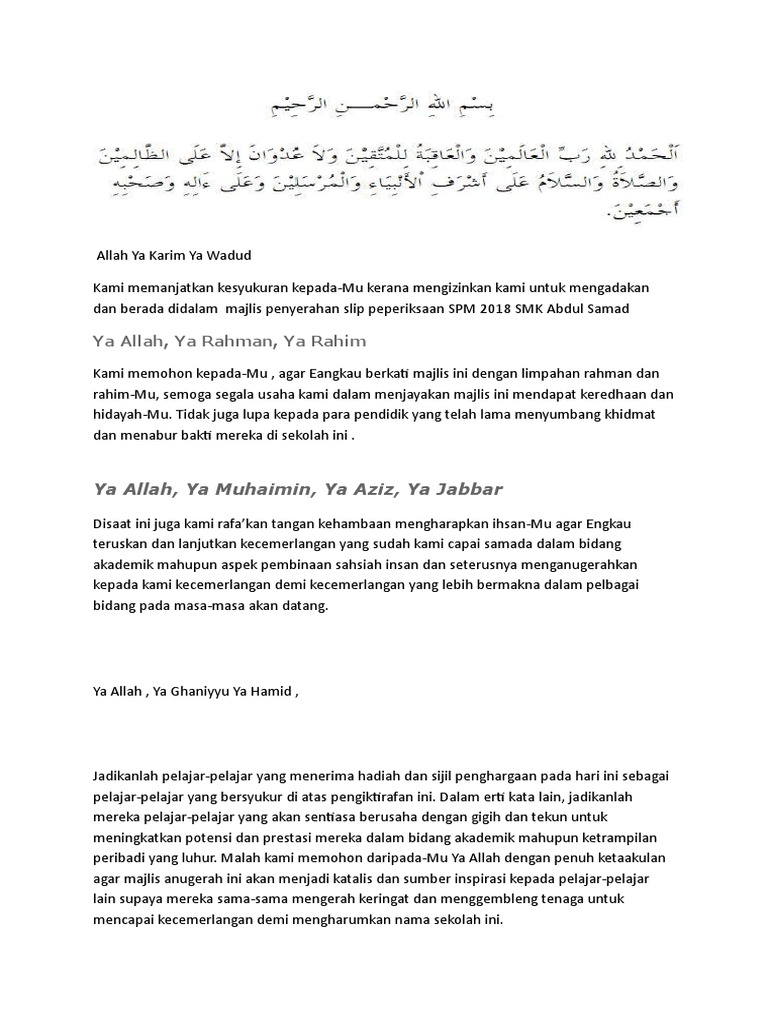Doa Syukur dan Permohonan Berkati Majlis Penyerahan Sijil SPM | PDF