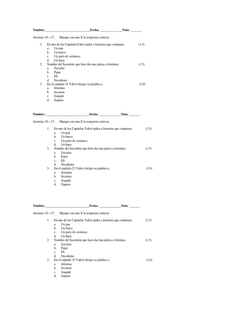 Quiz de Biblia Jeremias 19-27 | PDF
