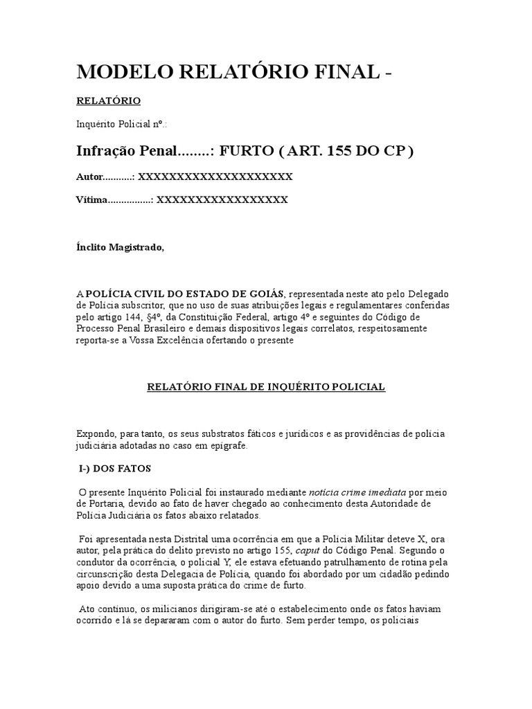 Modelo Relatório Final - inquerito policial | Crimes | Crime e justiça