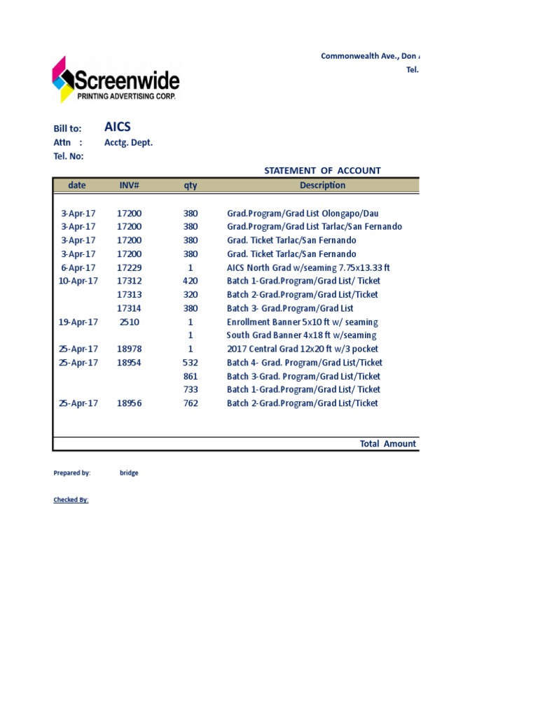 Bill To:: Attn: Acctg. Dept. Tel. No: Date Inv# Qty Description | PDF