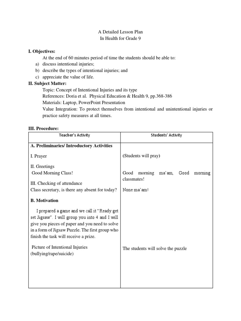 Lesson Plan (Intentional Injuries) | PDF | Assault | Suicide