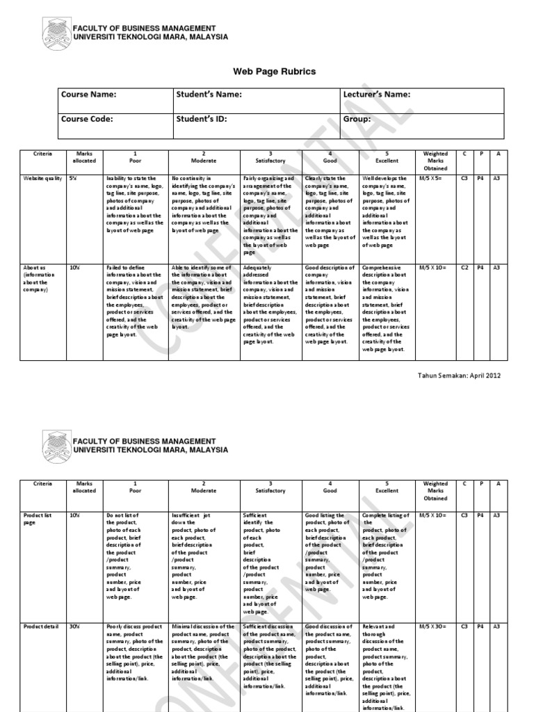 Web Page Rubrics for Evaluating a Business Management Student's Course ...