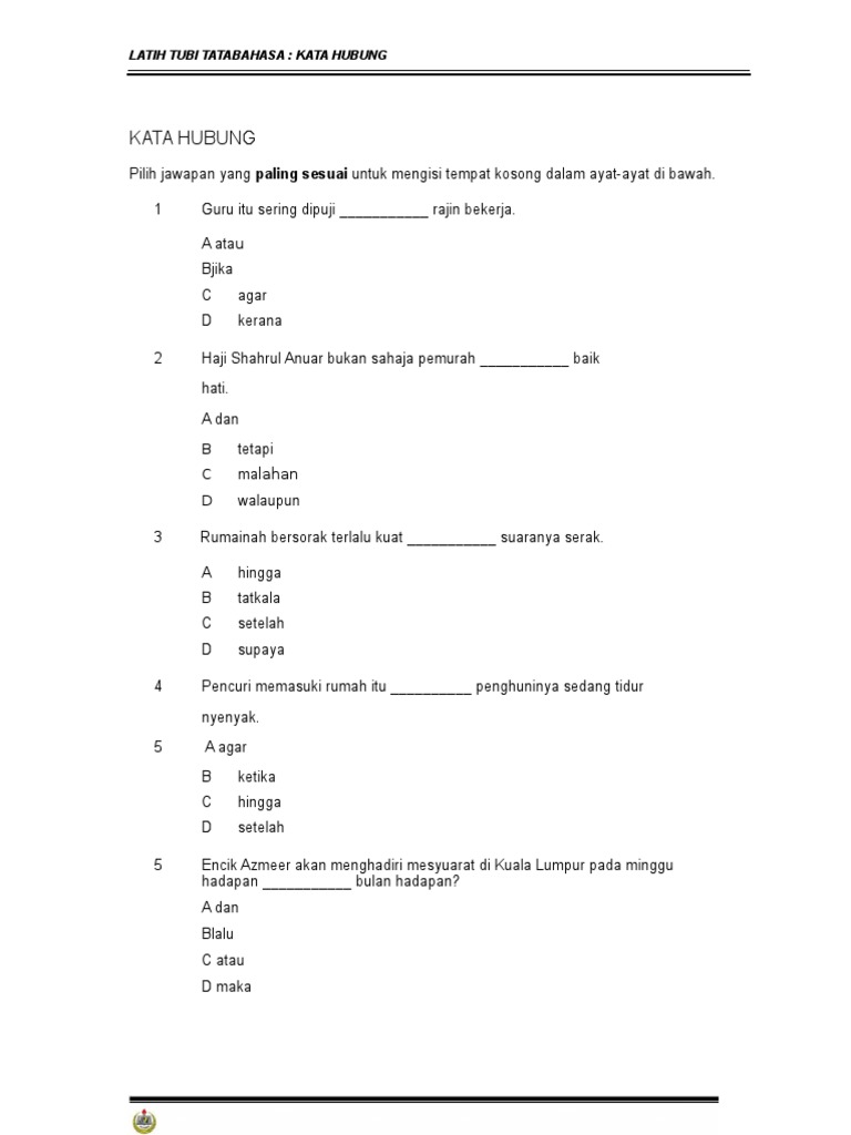 Latih tubi Tatabahasa : Kata Hubung | PDF