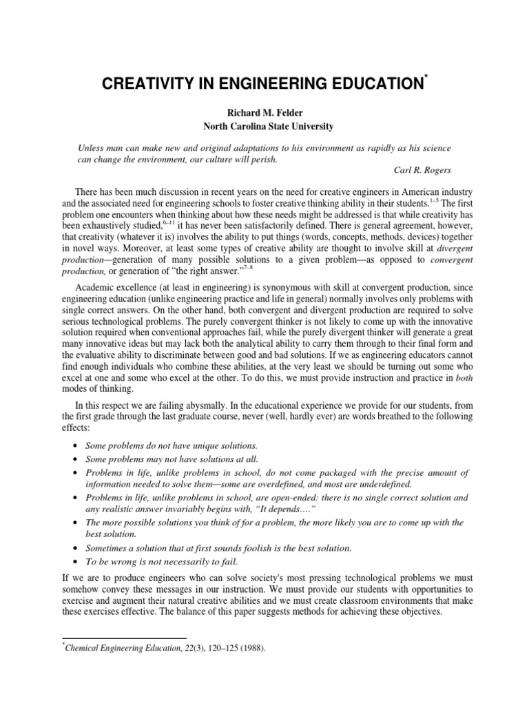 Creativity in Engineering Education: Richard M. Felder North Carolina ...