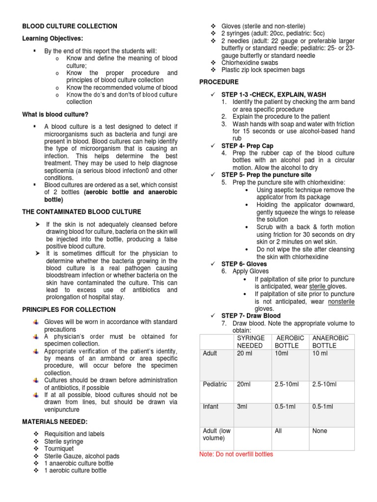 Proper Procedure and Principles for Blood Culture Collection | PDF ...