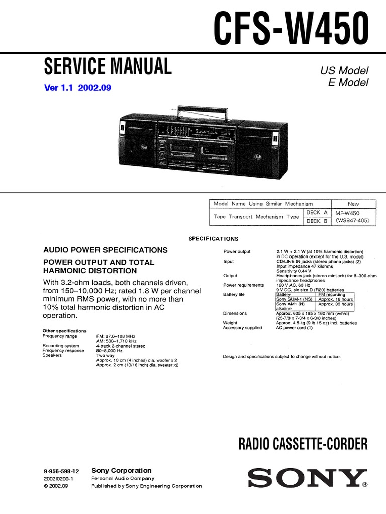 Sony Cfs-w450 Ver.1.1 Radio Cassette Manual | PDF | Media Technology ...