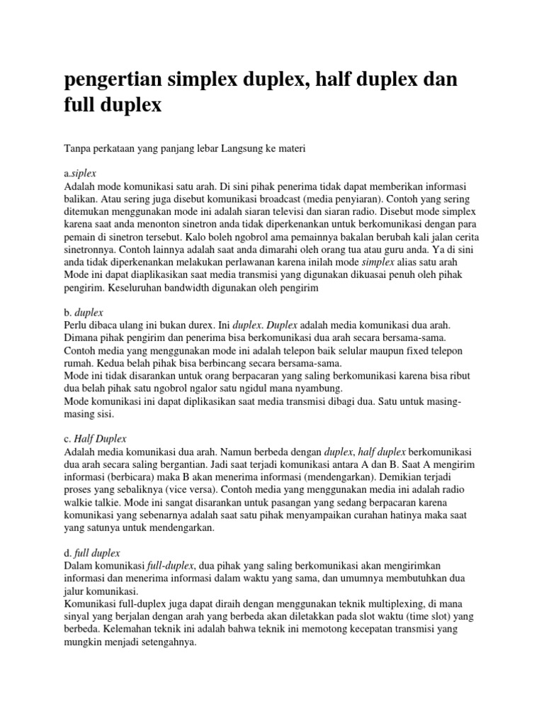 Pengertian Simplex, Duplex, Half Duplex, Full Duplex | PDF