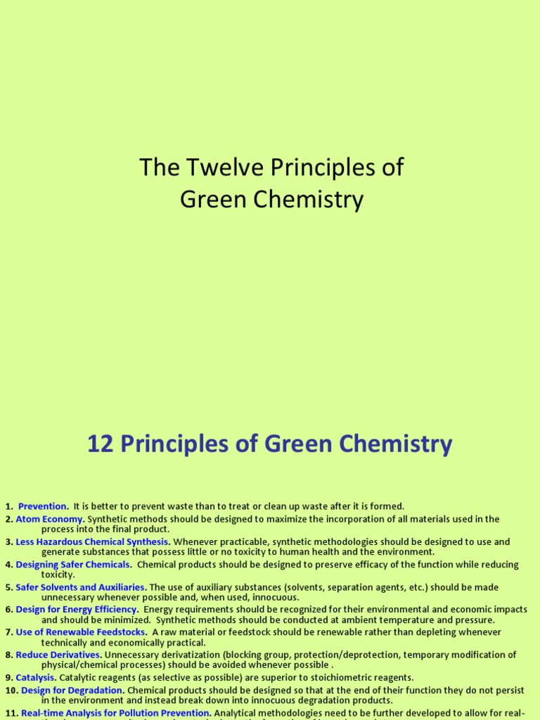 The Twelve Principles of Green Chemistry | PDF | Solvent | Catalysis
