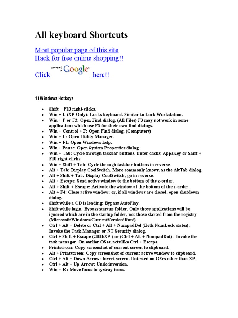 All Keyboard Shortcuts | PDF | Tab (Gui) | Keyboard Shortcut