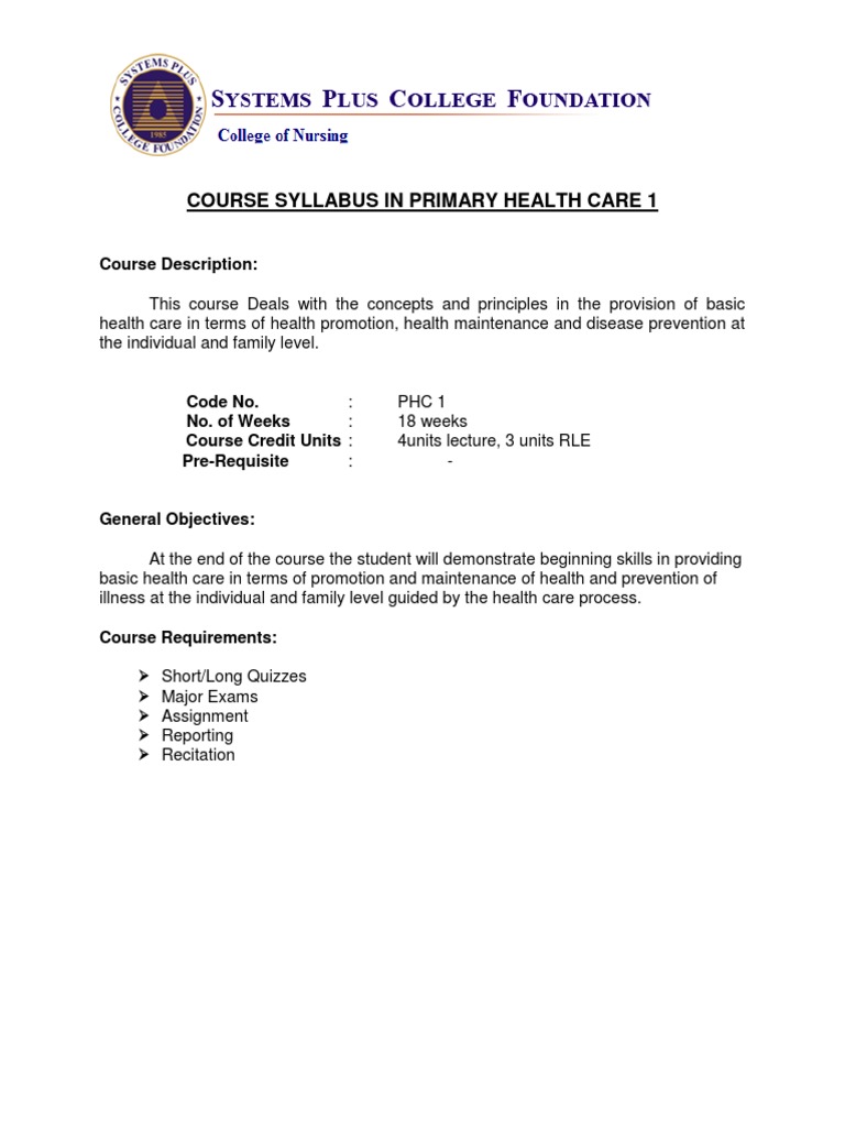 Course Syllabus in Primary Health Care 1 | PDF | Health Care | Family
