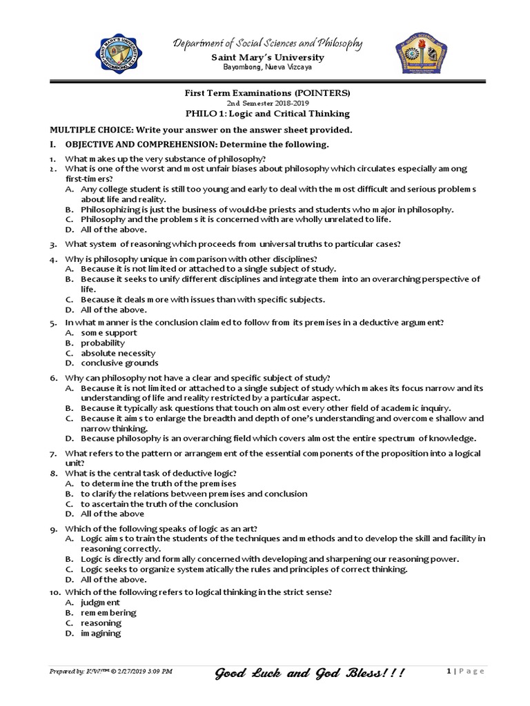 Philo 1 First Term Exam 2nd Sem 2018-19 (Pointers) | PDF | Argument ... Philo 1 First Term Exam 2nd Sem 2018-19 (Pointers) | PDF | Argument ...