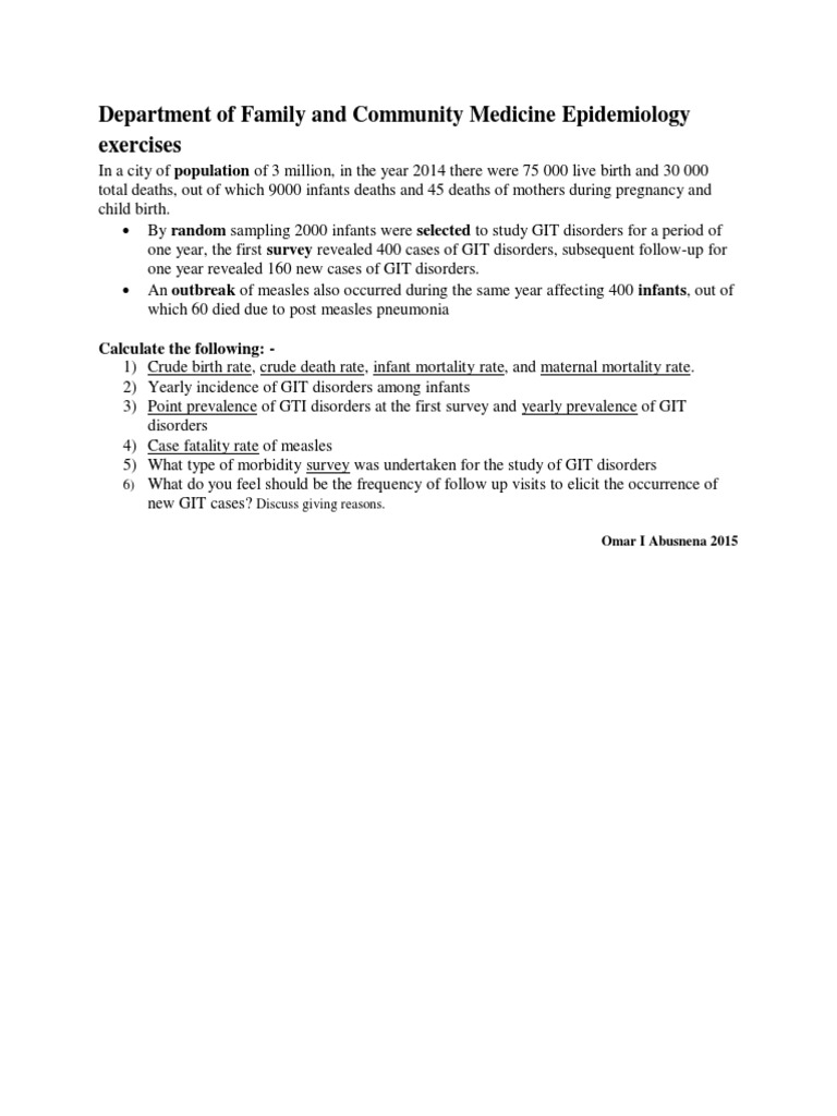 Department of Family and Community Medicine Epidemiology Exercises | PDF