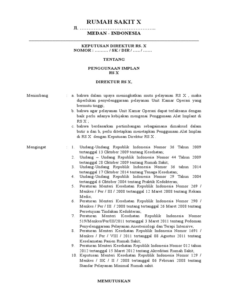 Kebijakan Penggunaan Implan RS X | PDF | Kesehatan Holistik | Sains ...