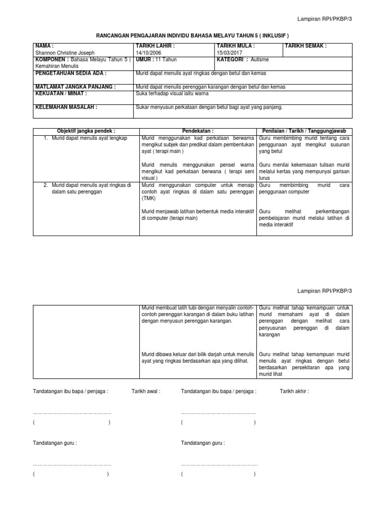 Rancangan Pengajaran Individu Pendidikan Inklusif | PDF