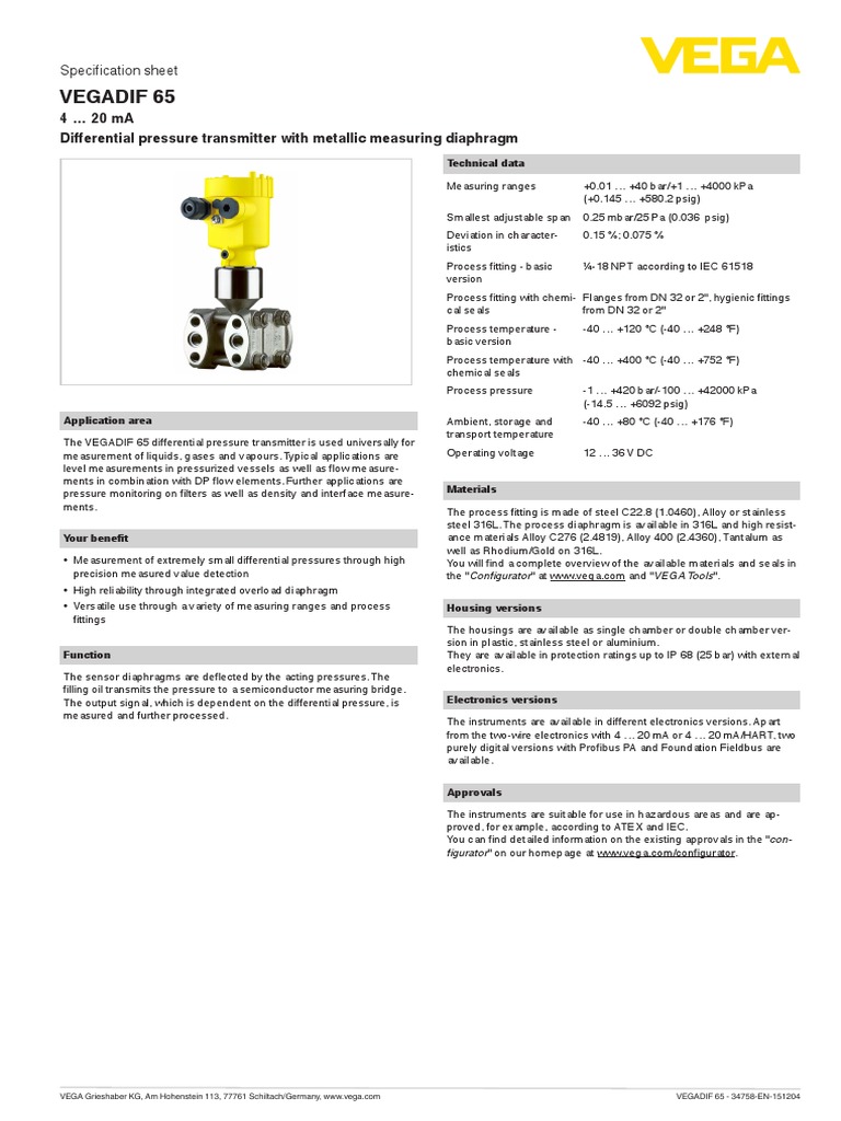 EN VEGADIF 65 4 20 Ma | PDF | Pressure Measurement | Pressure