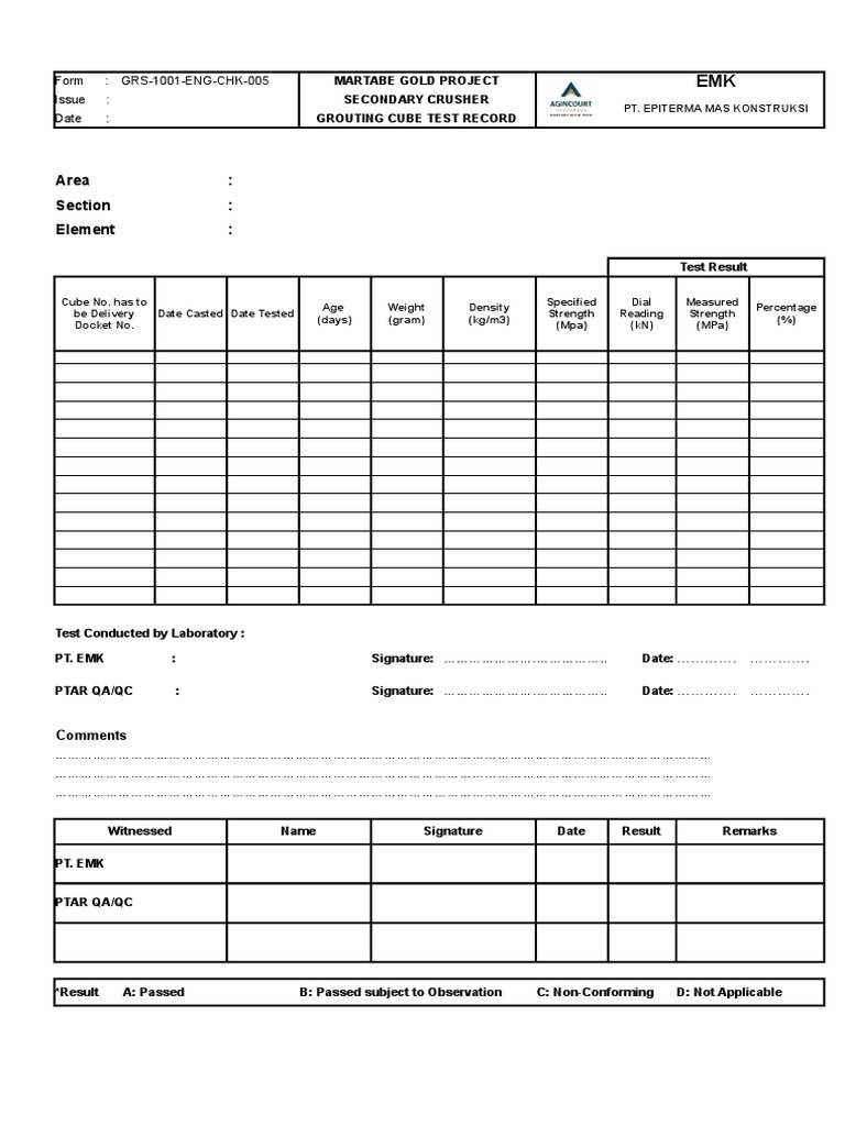 Grouting Cube Test Record - Martabe Project | PDF | Scientific ...