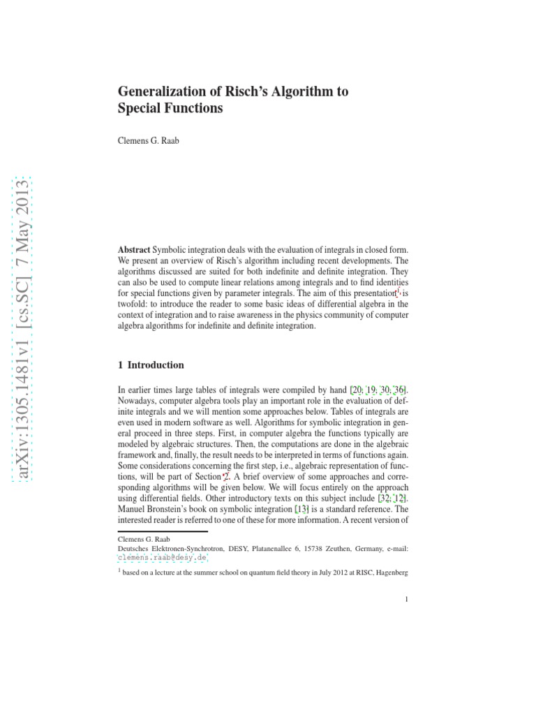 Generalization of Rischs Algorithm To Special Functions PDF | PDF ...