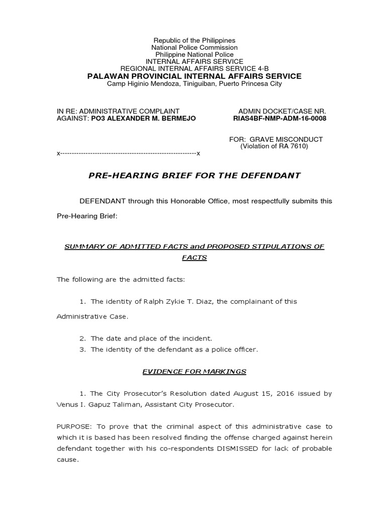 Pre-Hearing Brief of Alex | PDF | Prosecutor | Complaint