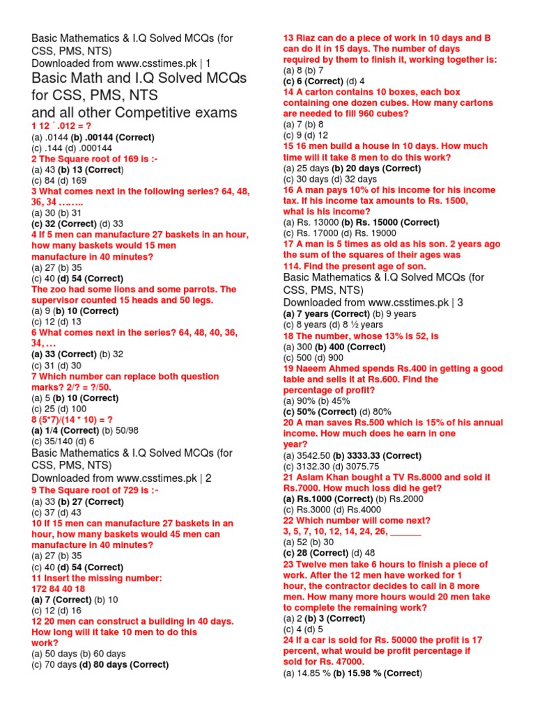 Basic Math and I.Q Solved Mcqs For CSS, PMS, Nts and All Other ...
