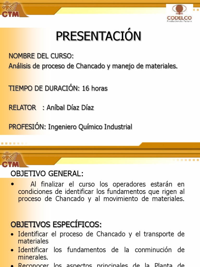 Presentacion RT - Chancado CODELCO y Manejo Materiales | PDF | Dureza | Minerales