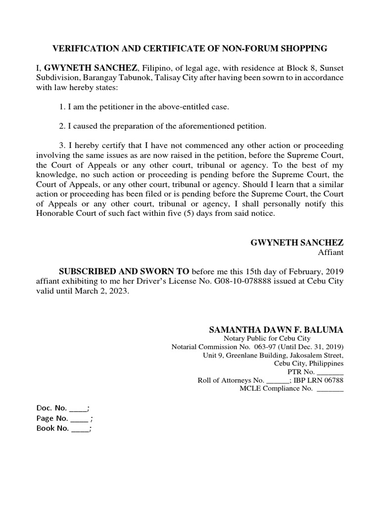 Verification and Certificate of Non Forum | PDF