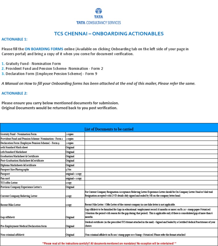Tcs Chennai - Onboarding Actionables: Actionable 1: On Boarding Forms ...