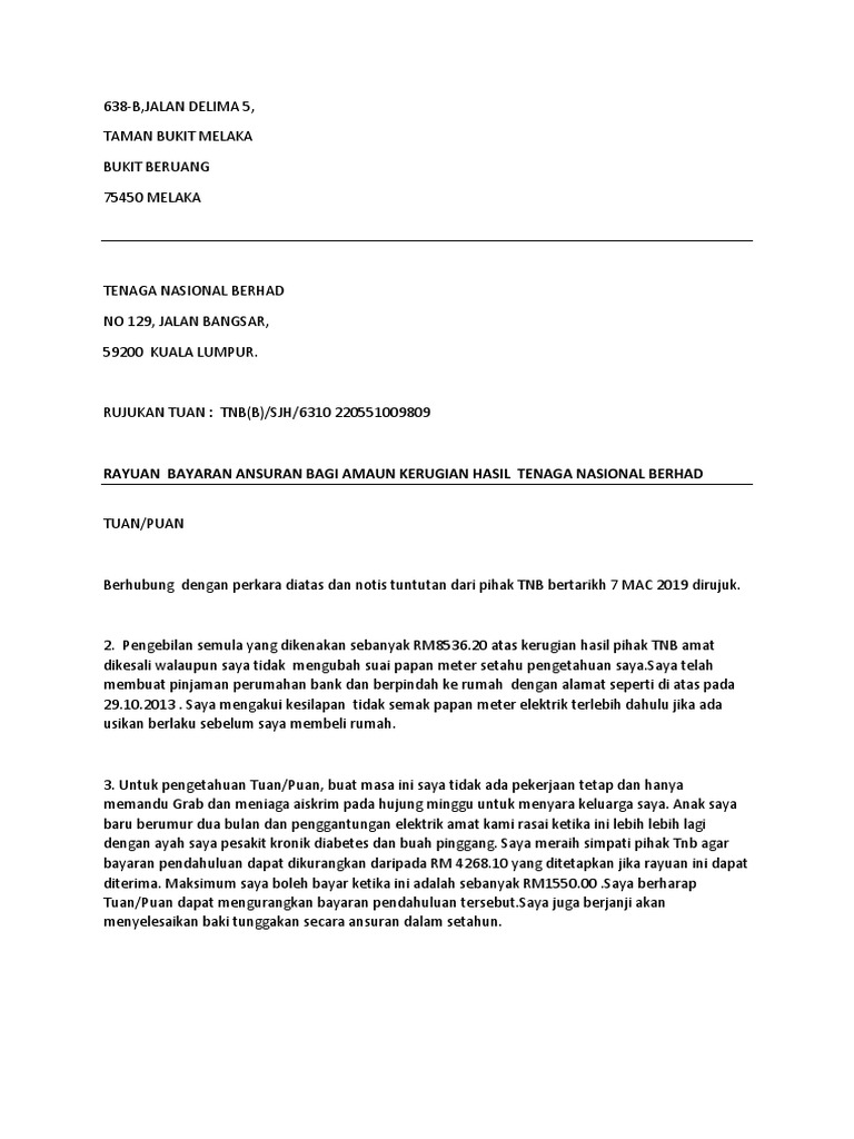 RAYUAN BAYARAN ANSURAN UNTUK KERUGIAN HASIL TNB | PDF
