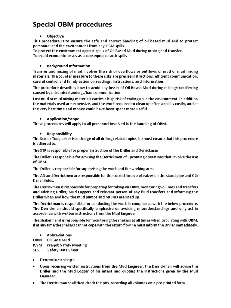Special OBM Procedures | PDF | Pump | Valve
