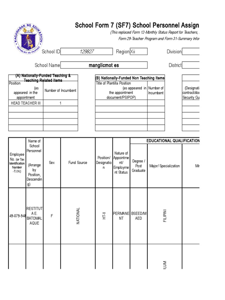 School Form 7 (SF7) School Personnel Assignment List and Basic Profile ...