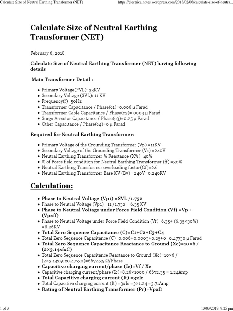 Calculate Size of Neutral Earthing Transformer (NET) | PDF ...