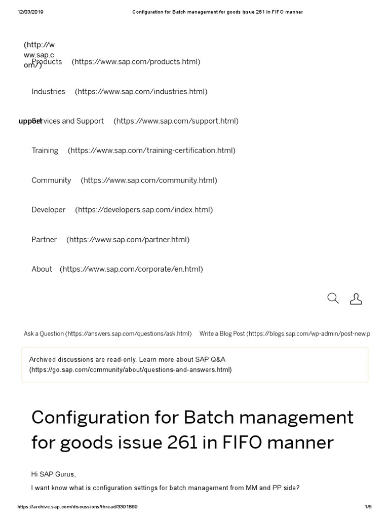 Configuration For Batch Management For Goods Issue 261 in FIFO Manner ...