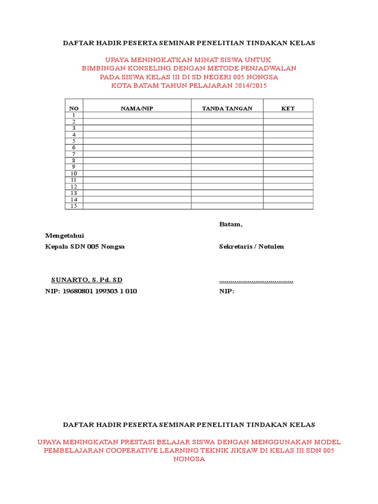 Daftar Hadir Seminar PTK | PDF