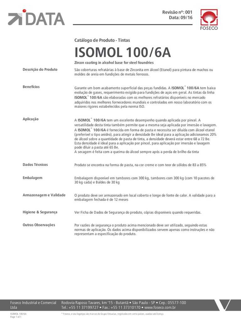 Catalogo Foseco Isomol 100 6a - PT BR | PDF | Tinta | Fundição (metalurgia)