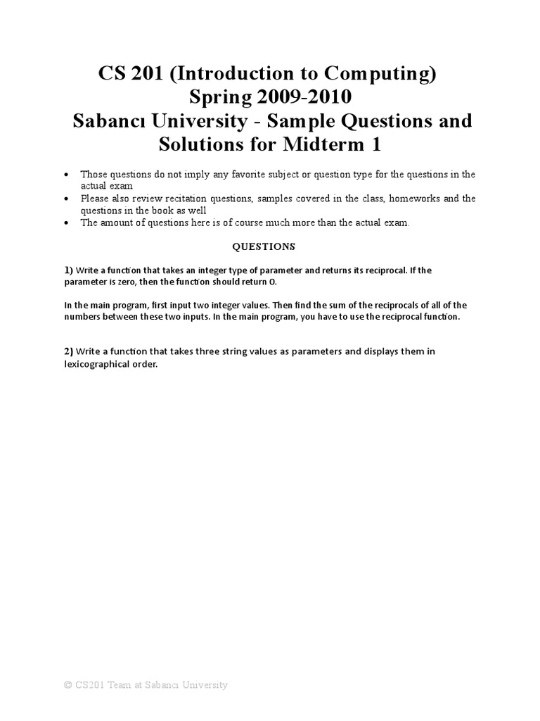 Midterm1 - Sample Questions | PDF | Function (Mathematics) | String (Computer Science)