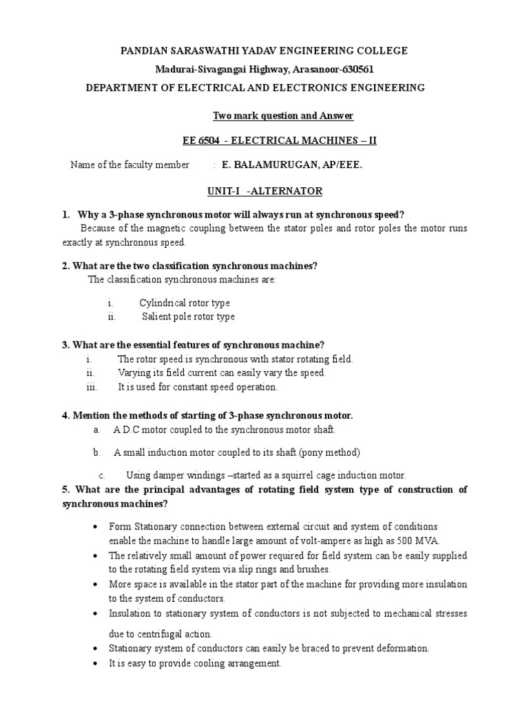 EE6504 Electrical Machines-II (2 Mark Q & A) PDF | PDF | Electric Motor ...