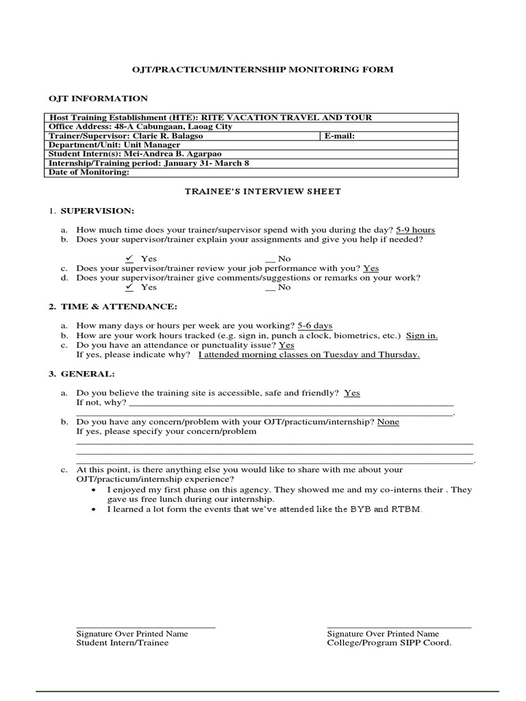 OJT Monitoring Sheet | Download Free PDF | Business